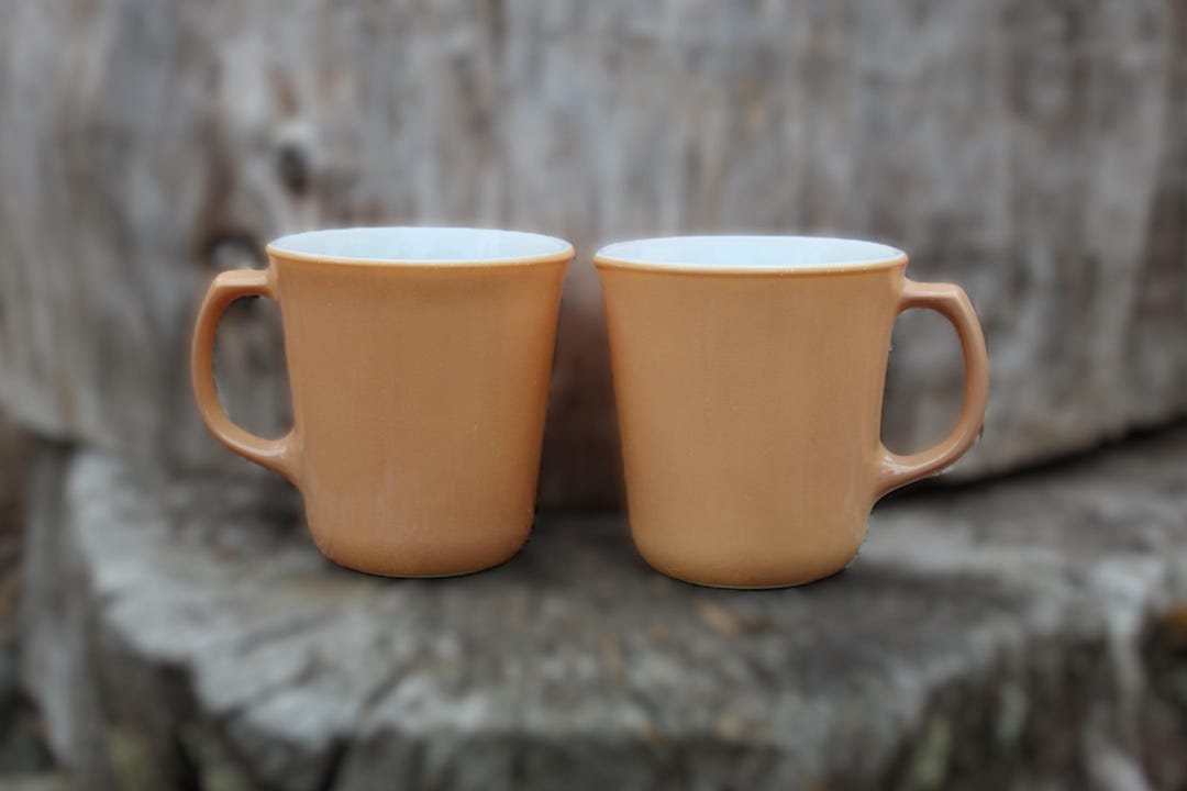Vintage Corelle Almond Tan Coffee Mugs / Set of 2 / White Interior ...