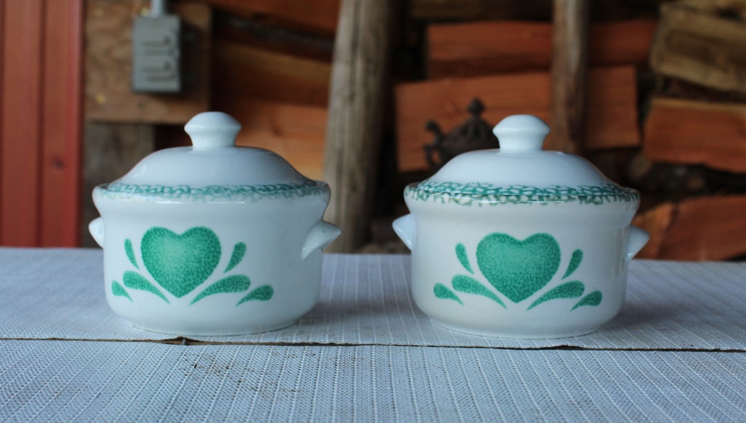 Vintage Stoneware Green Heart Design Covered Soup Crock Green ...