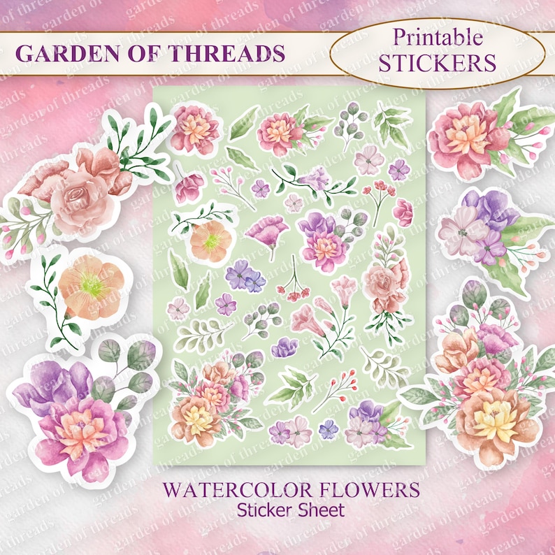 Watercolor Flower Sticker Sheet, Printable Stickers, Cute Floral ...
