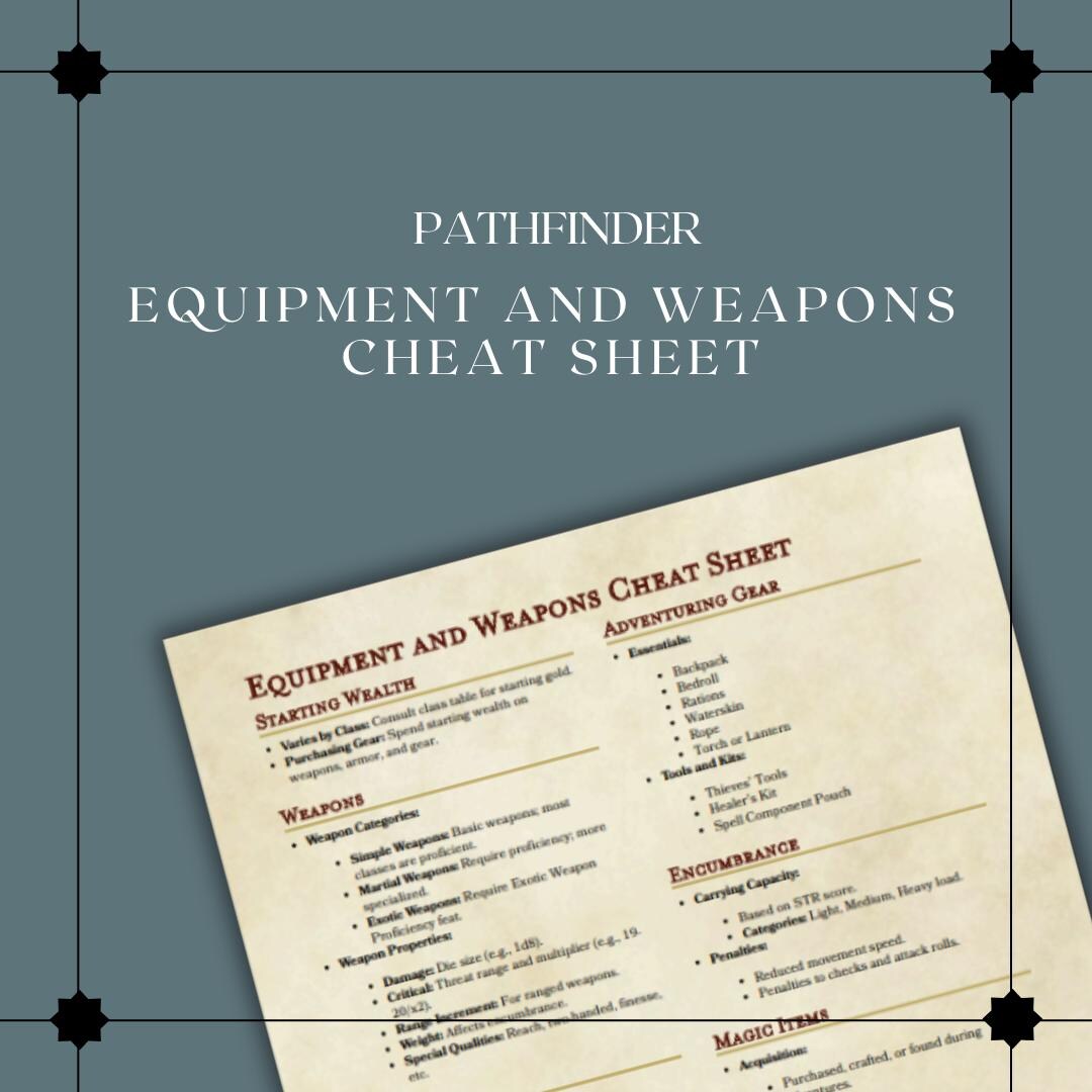 Equipment and Weapons Cheat Sheet for TTRPG Pathfinder GM / Game Master ...