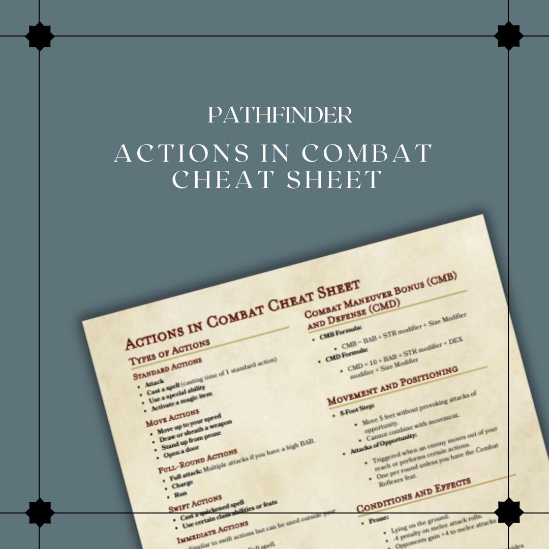 Actions in Combat Cheat Sheet for TTRPG Pathfinder | GM / Game Master ...