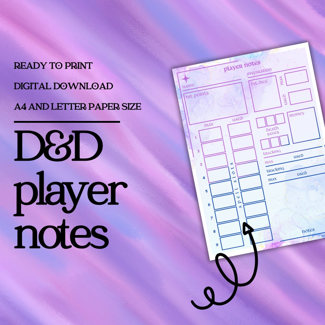 D&D Player Notes Card | DM / Dungeon Master Tools | Stats Sheet ...