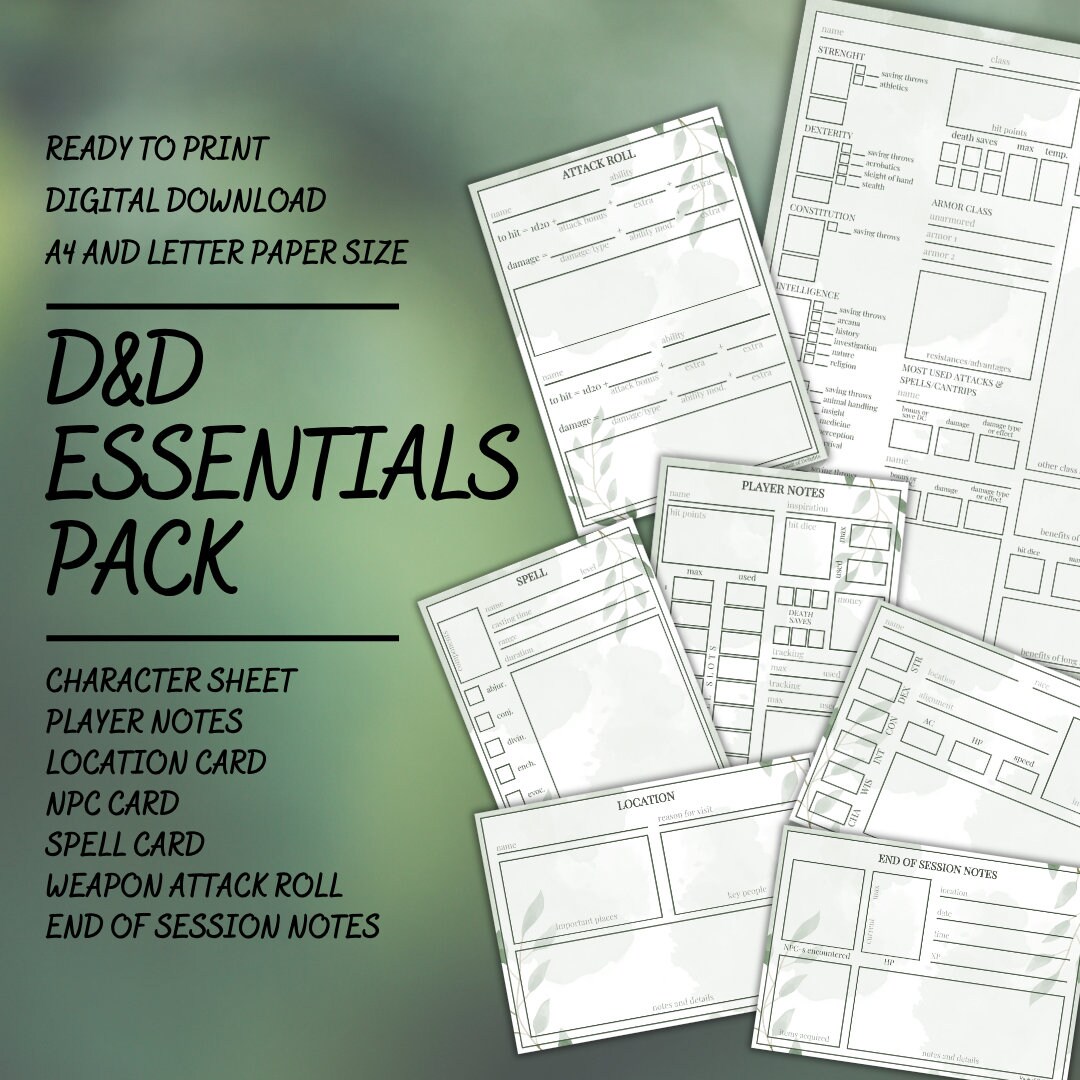 D&D Essentials Pack Dnd Accessories Dungeons and Dragons 5E Printable ...