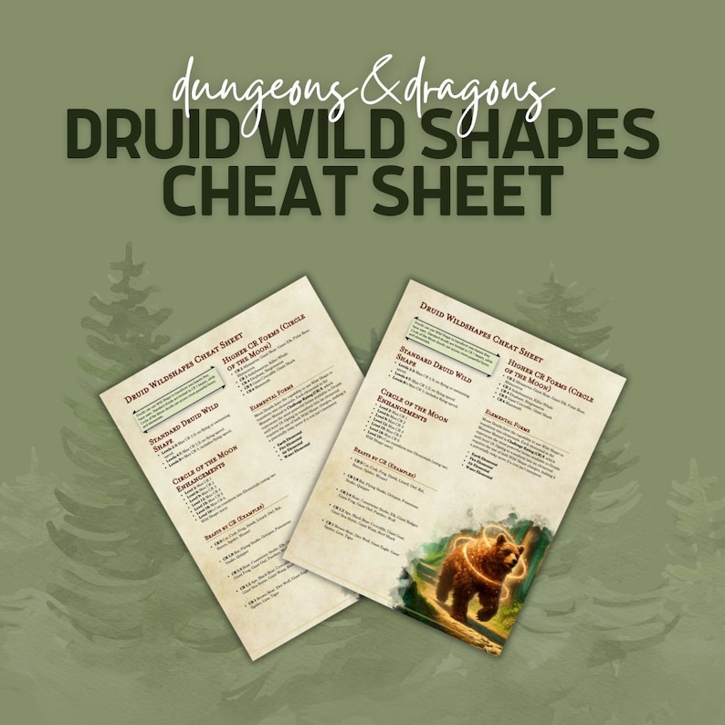 D&D Druid Wild Shapes Cheat Sheet DM / Dungeon Master Tools Dnd Cards ...