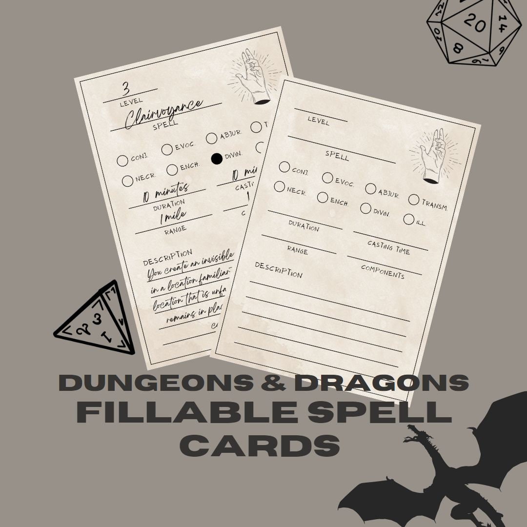 Fillable Spell Cards for D&D | DM / Dungeon Master Tools | Spell Sheet ...