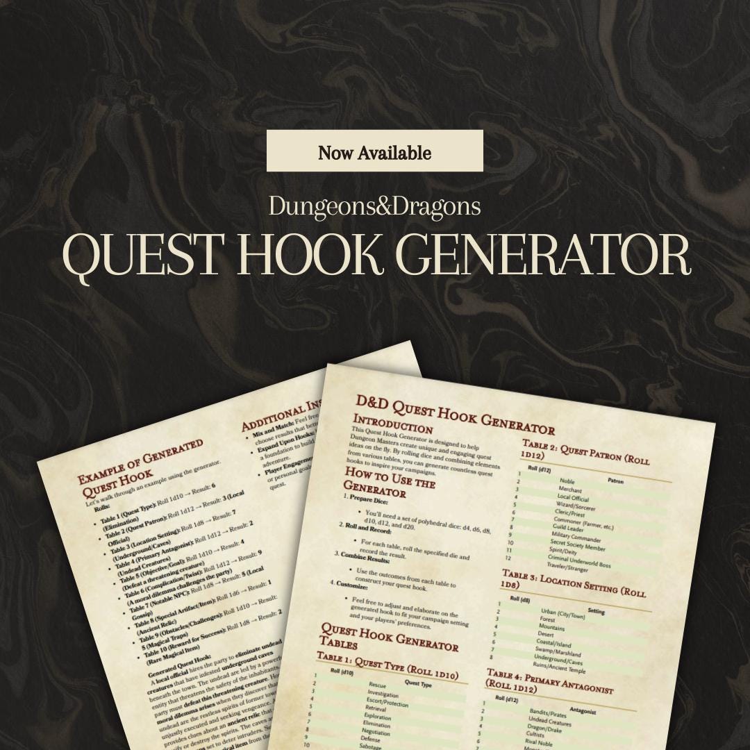 Quest Hook Generator | Dm/dungeon Master Tools | Dnd Ready to Print ...