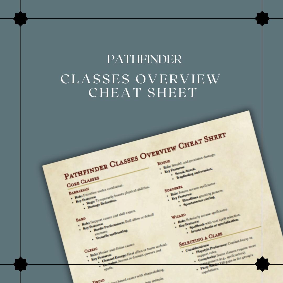 Classes Overview Cheat Sheet for TTRPG Pathfinder | GM / Game Master ...