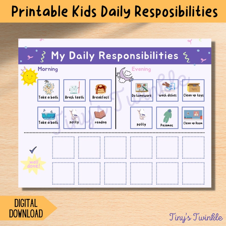 Kids Daily Responsibilities Chart, Printable Daily Responsibilities ...
