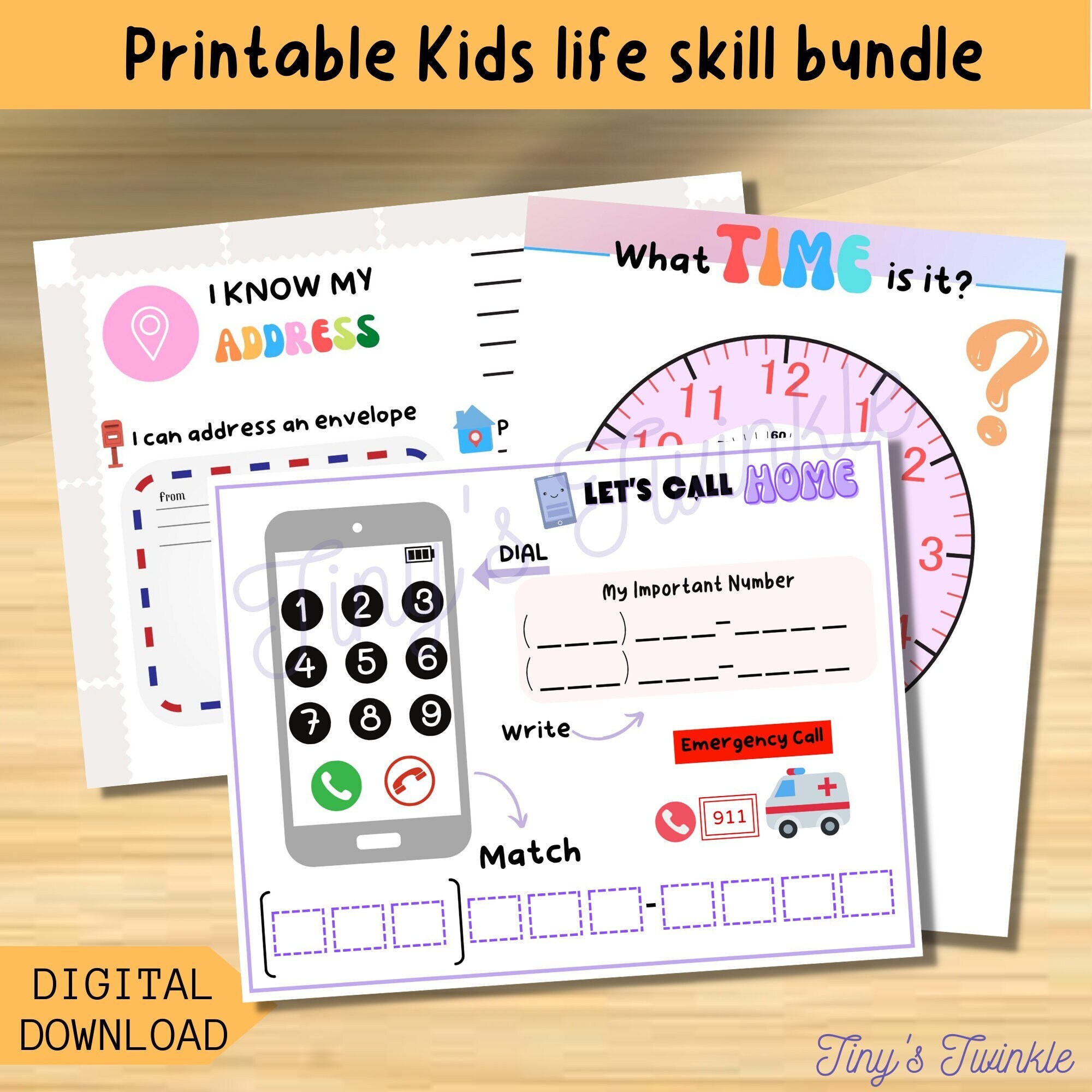 Kids Life Skill Printable Bundle, Learn to Tell Time, Phone Number Game ...