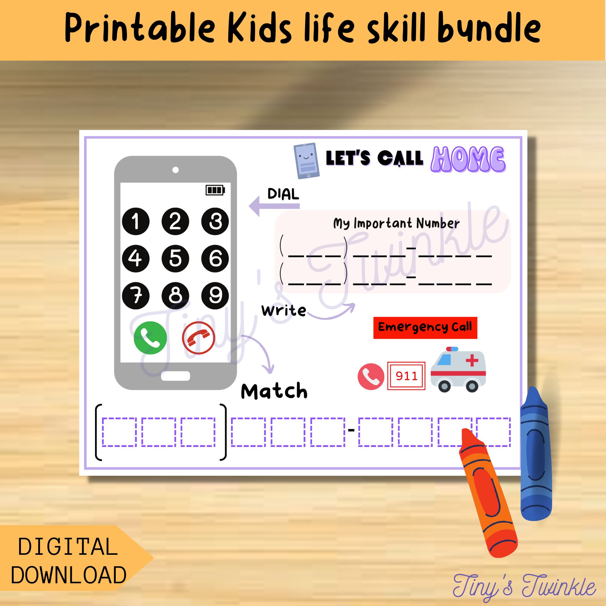 Kids Life Skill Printable Bundle, Learn to Tell Time, Phone Number Game ...