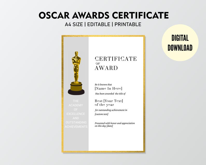 Editable Oscar Award Certificate Template | Printable Award PDF - Etsy