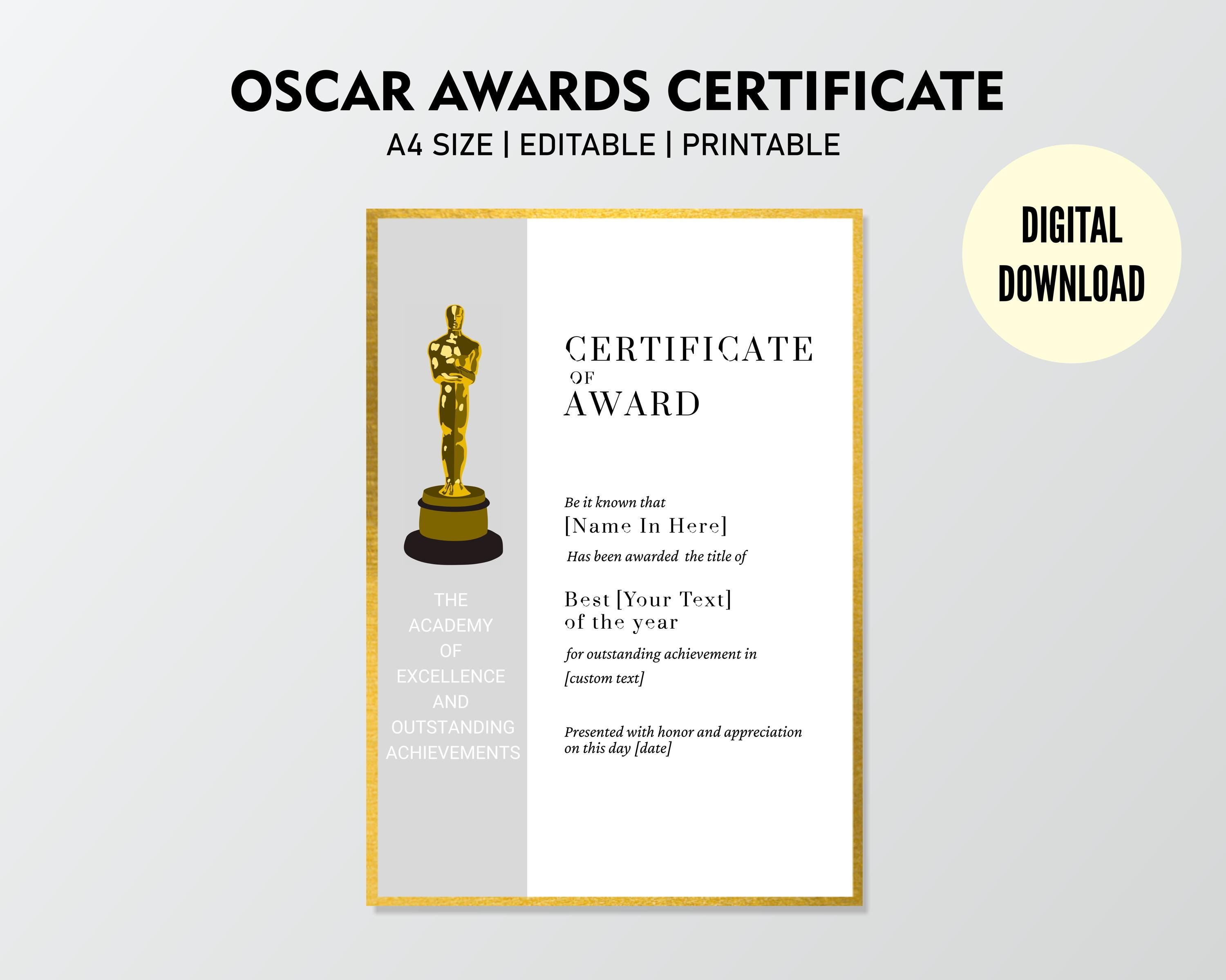Editable Oscar Award Certificate Template | Printable Award PDF - Etsy
