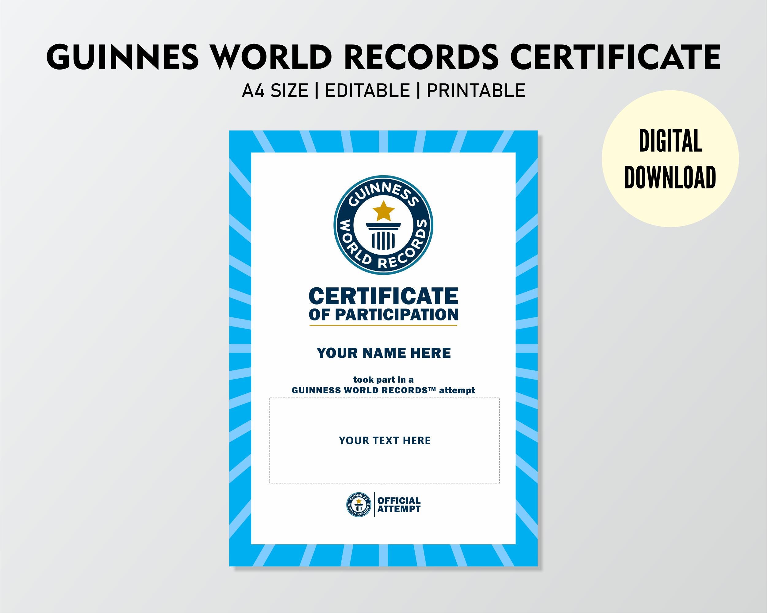 Editable Guinness World Record Certificate | Printable Digital Template ...