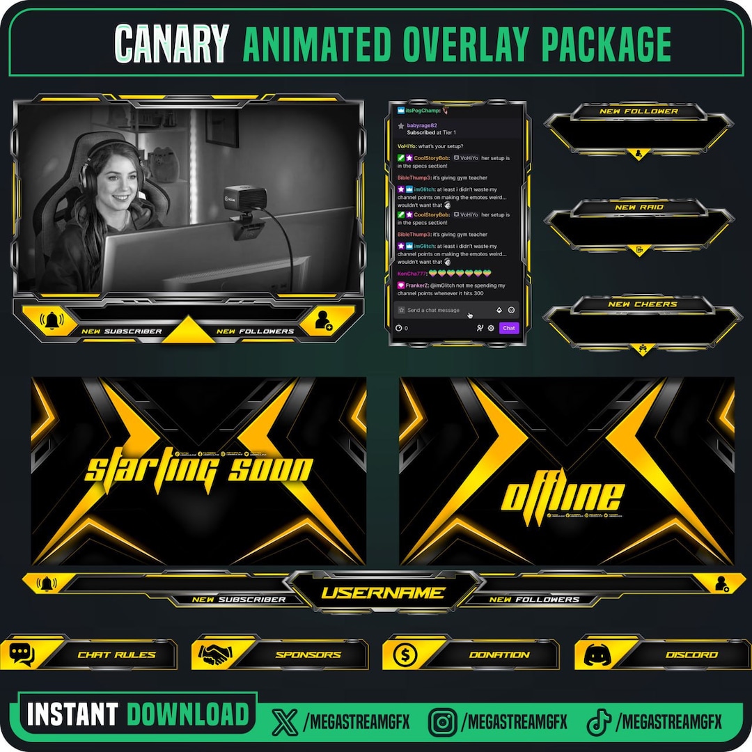 YELLOW Twitch Pack Overlay Screens Overlays Panels Alerts Banner ...
