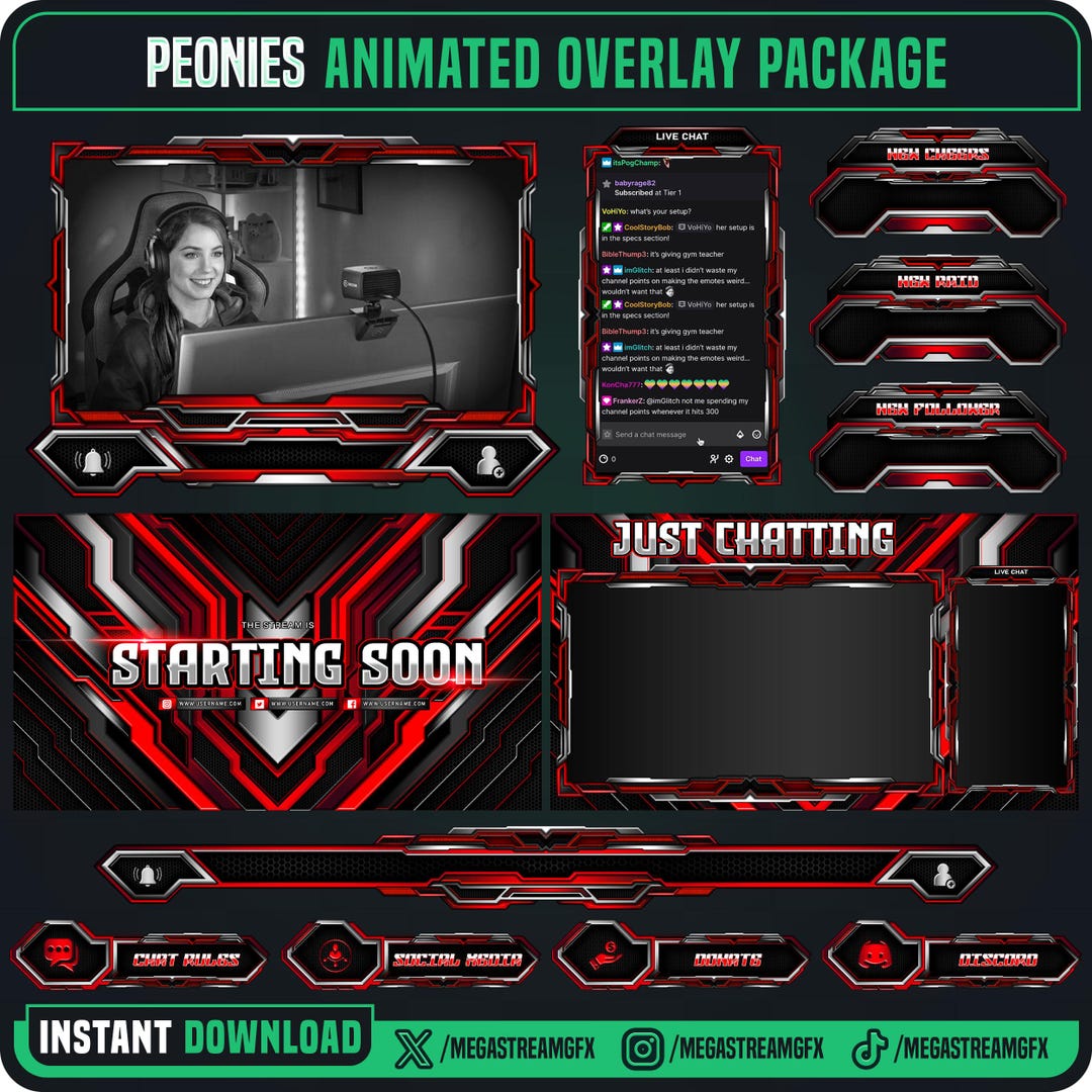 Clean Overlay Pack Design Red Stream Overlay for Twitch, Youtube, Kick ...