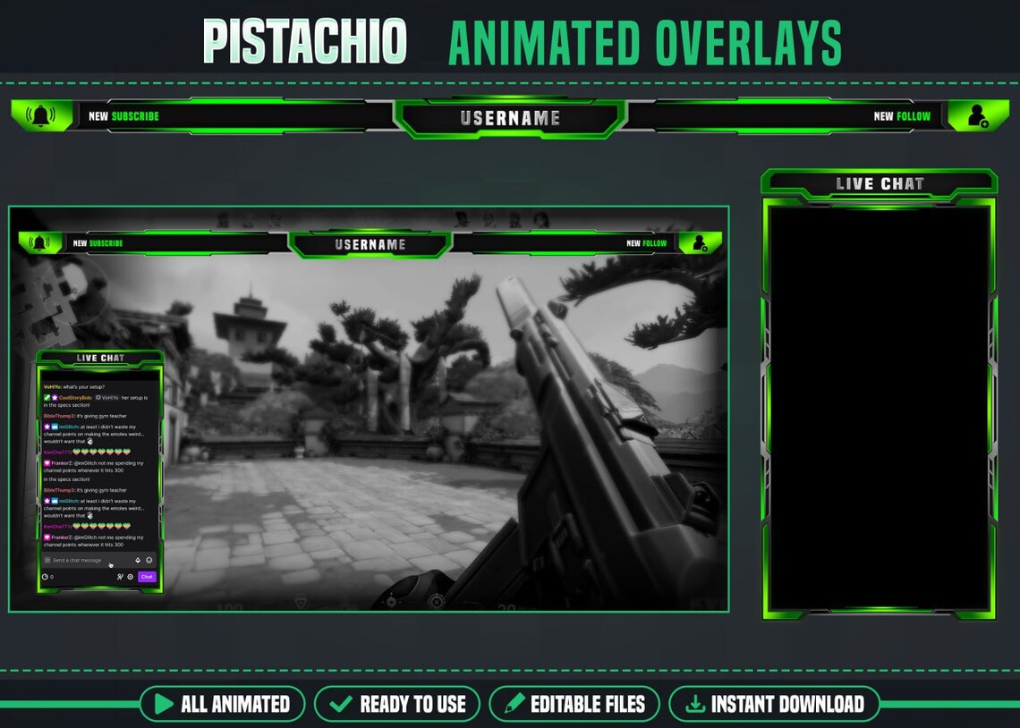 GREEN Clean Overlay Pack for Twitch, Youtube Green Overlay Stream ...