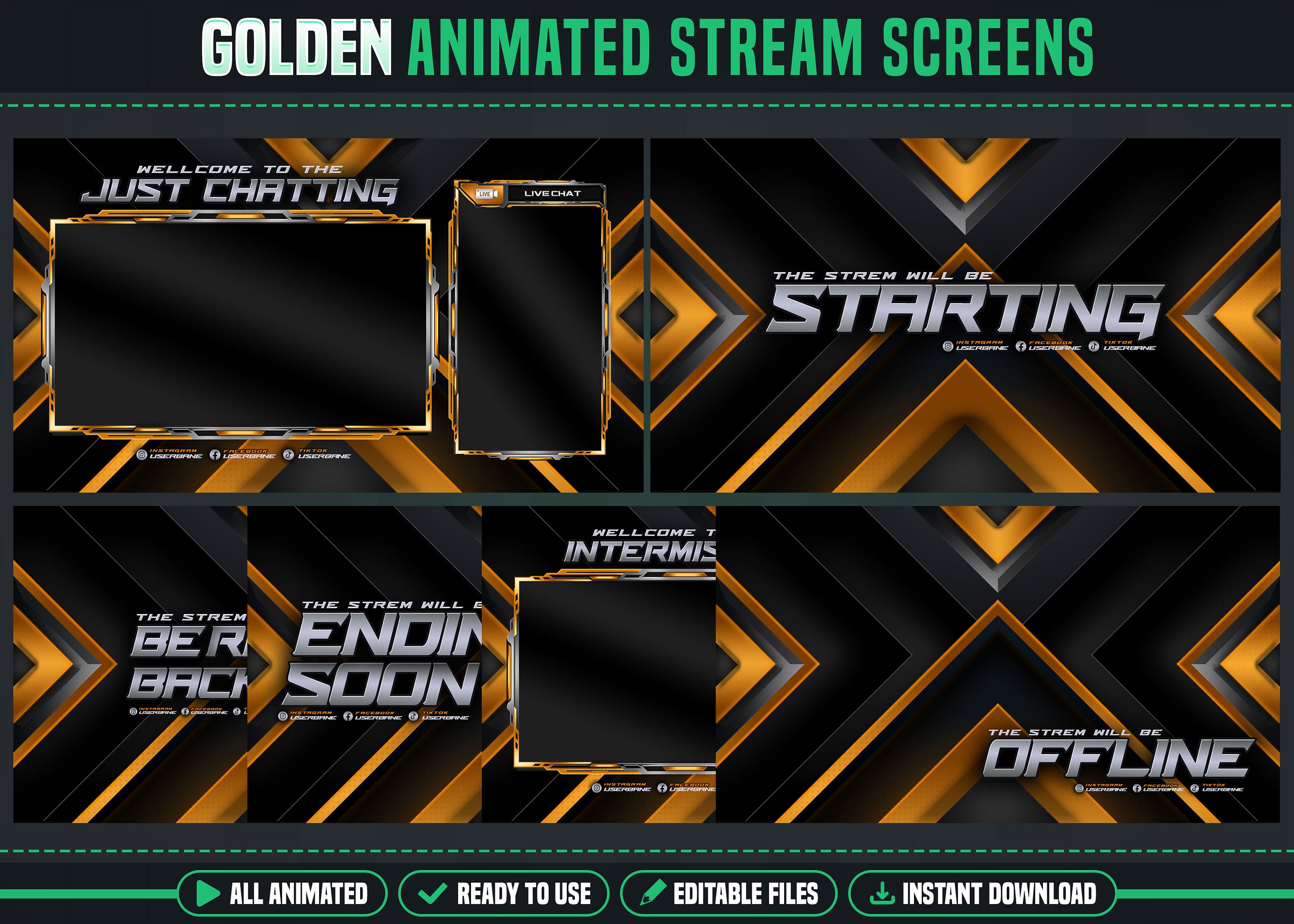 GOLDEN Twitch Overlay Package Gold Stream Overlay Pack Stream Overlay Package Twitch Panels ...