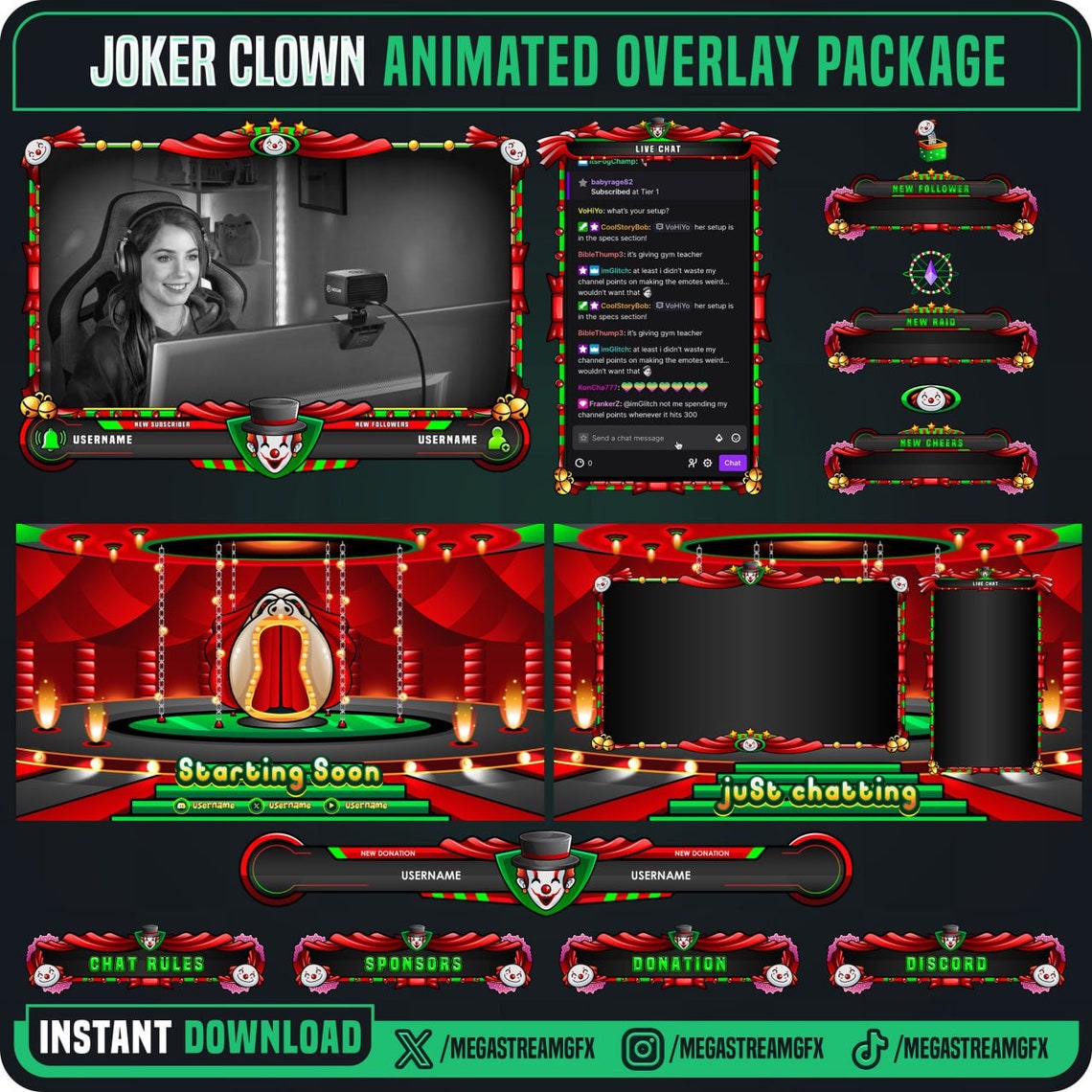 Clown Joker Stream Overlay Package Overlay for Twitch/dicscord /youtube ...