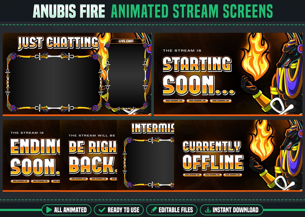 Anubis Fire Stream Overlay Pack Egypt Theme Overlays Overlay for Twitch ...