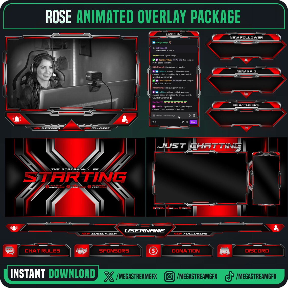 RED Twitch Pack Overlay Screens Overlays Panels Alerts Banner Aesthetic ...