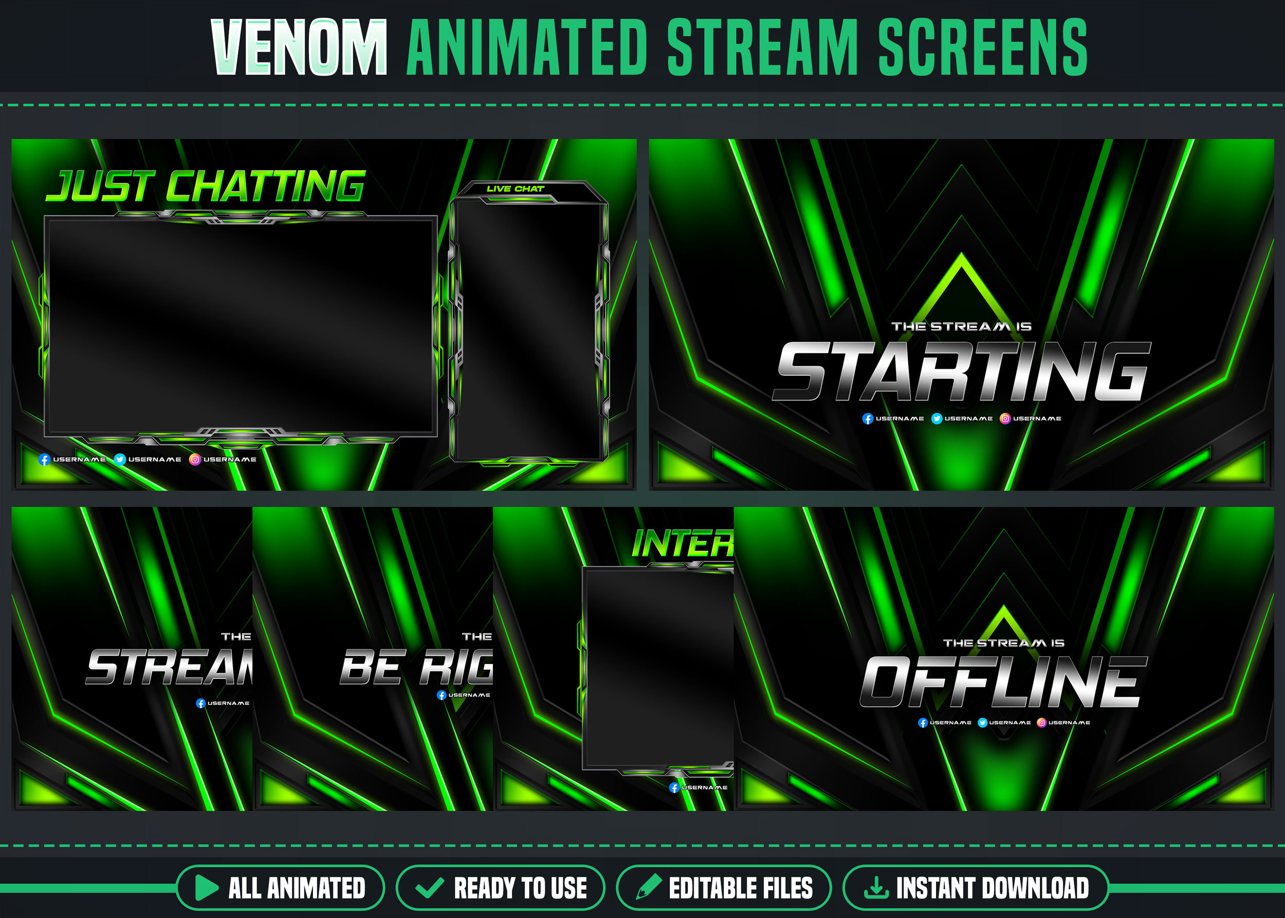 Professional Clean Green Overlay Pack for Twitch Twitch Overlay Stream ...