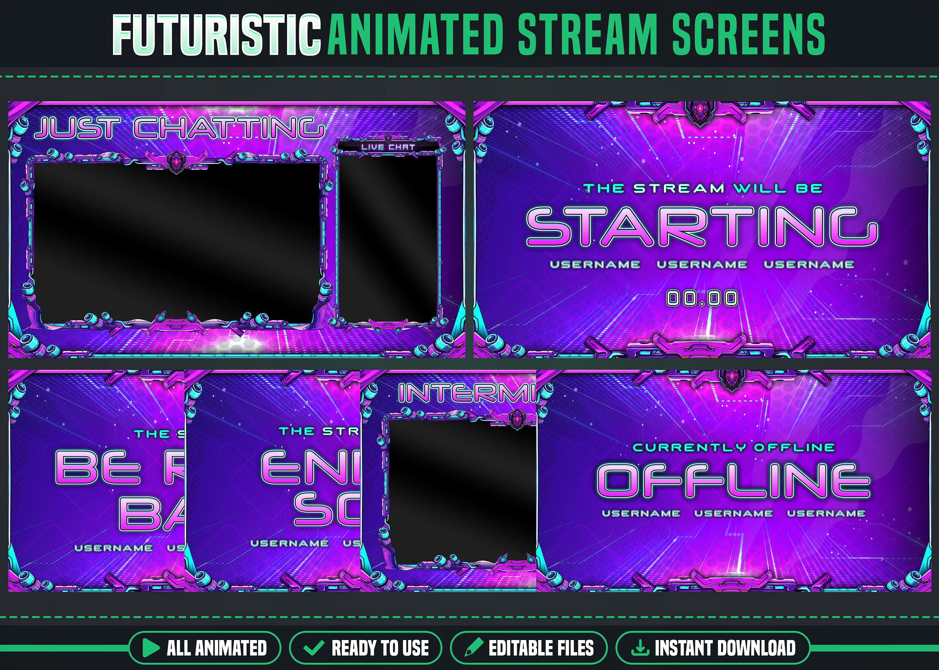 Futuristic Cyberpunk / Stream Overlay Package | Purple Twitch Package ...