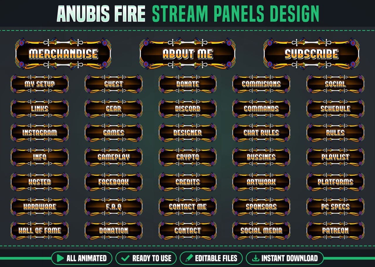 Anubis Fire Stream Overlay Pack Egypt Theme Overlays Overlay for Twitch ...
