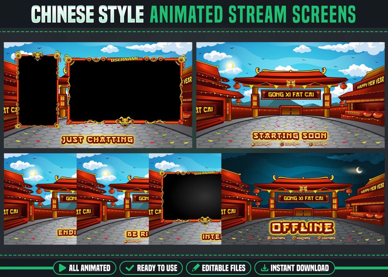 Chinese Festival Stream Overlay Package Red and Gold Theme Package ...