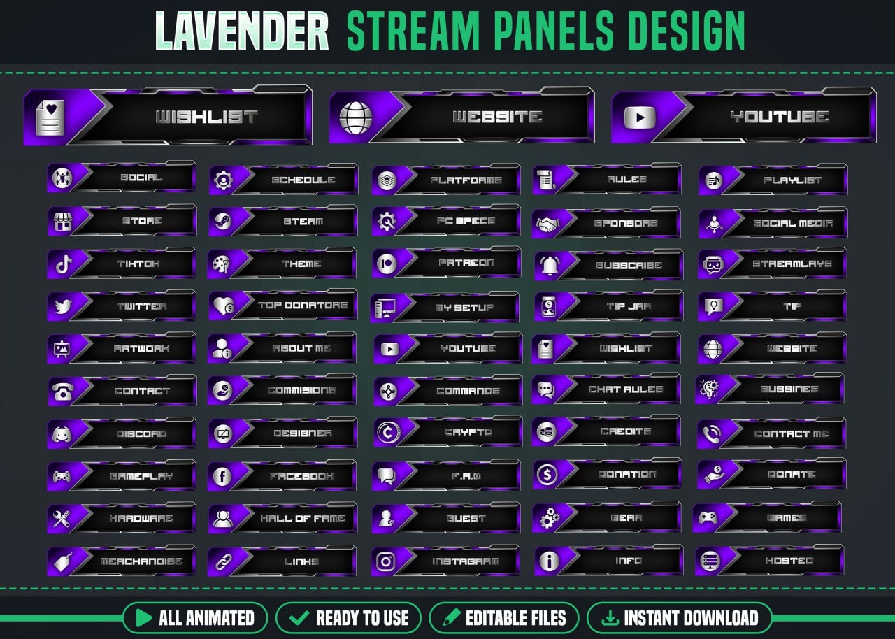 PURPLE Twitch Pack Overlay Screens Overlays Panels Alerts Banner ...
