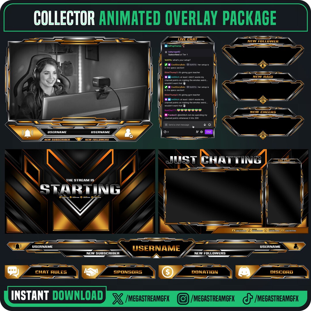 Professional Clean Gold Overlay Pack for Twitch Twitch Overlay Stream ...