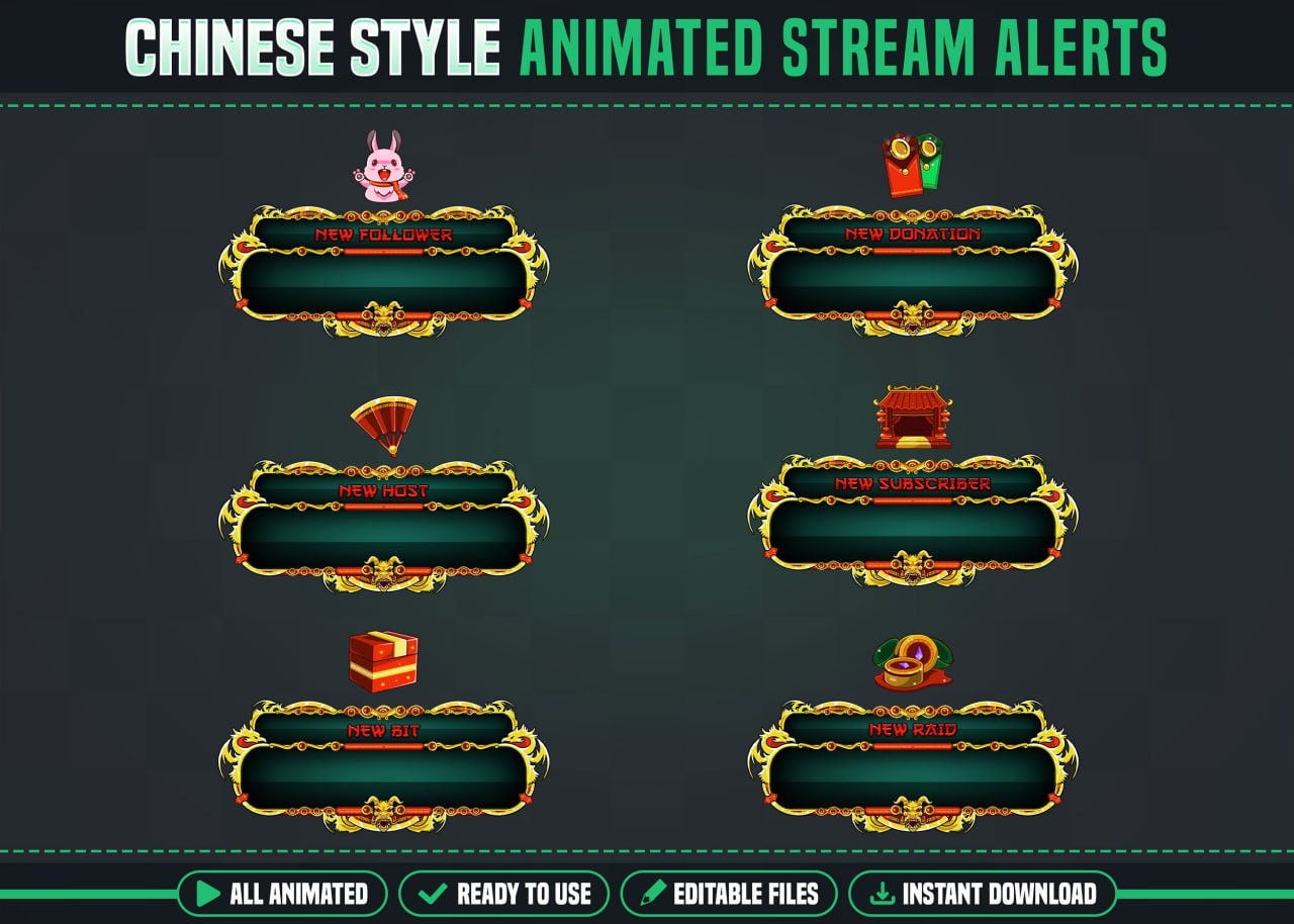 Chinese Festival Stream Overlay Package Red and Gold Theme Package ...