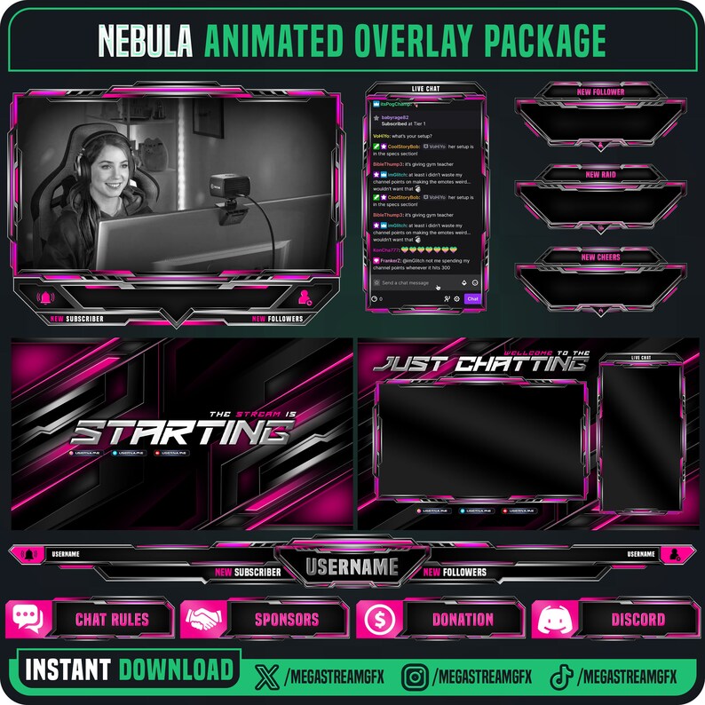 PINK Clean Overlay Pack for Twitch, Youtube Pink Overlay Stream Package ...
