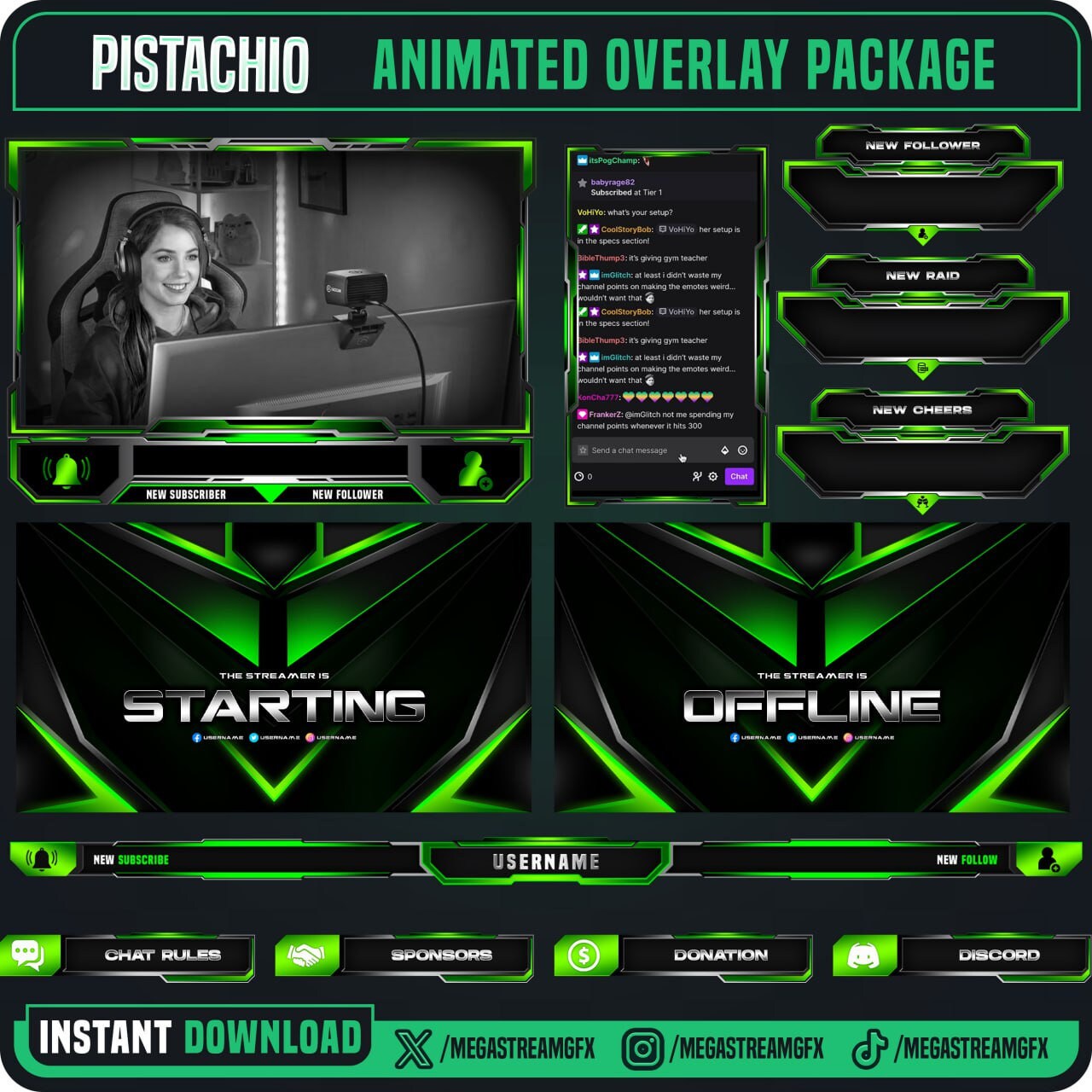 GREEN Clean Overlay Pack for Twitch, Youtube Green Overlay Stream ...