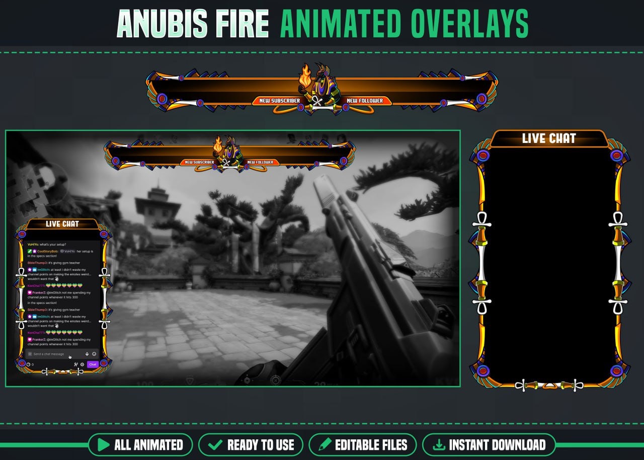 Anubis Fire Stream Overlay Pack Egypt Theme Overlays Overlay for Twitch ...