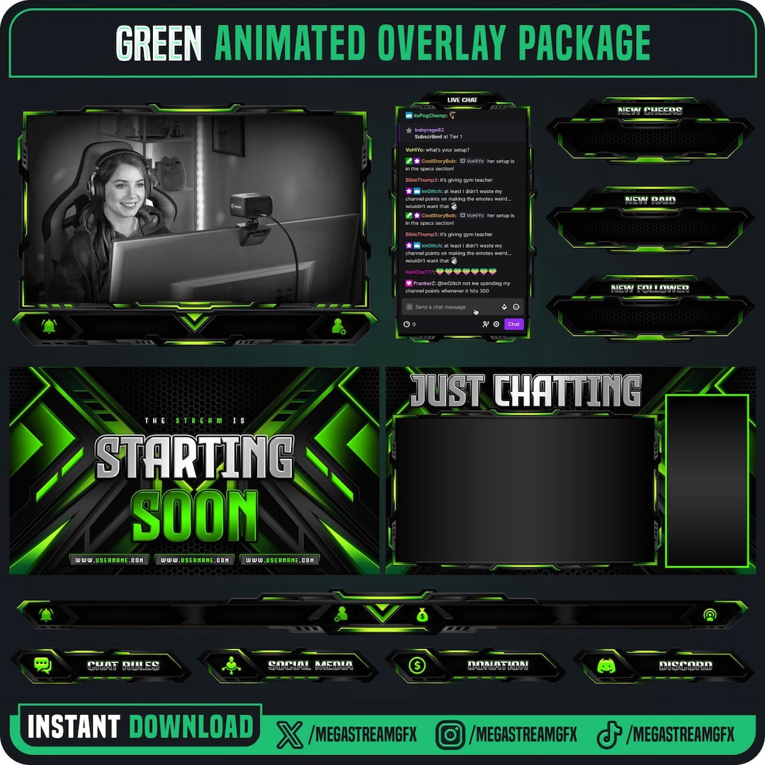 Green Color Stream Pack | Professional Green Overlay | Twitch Overlay ...