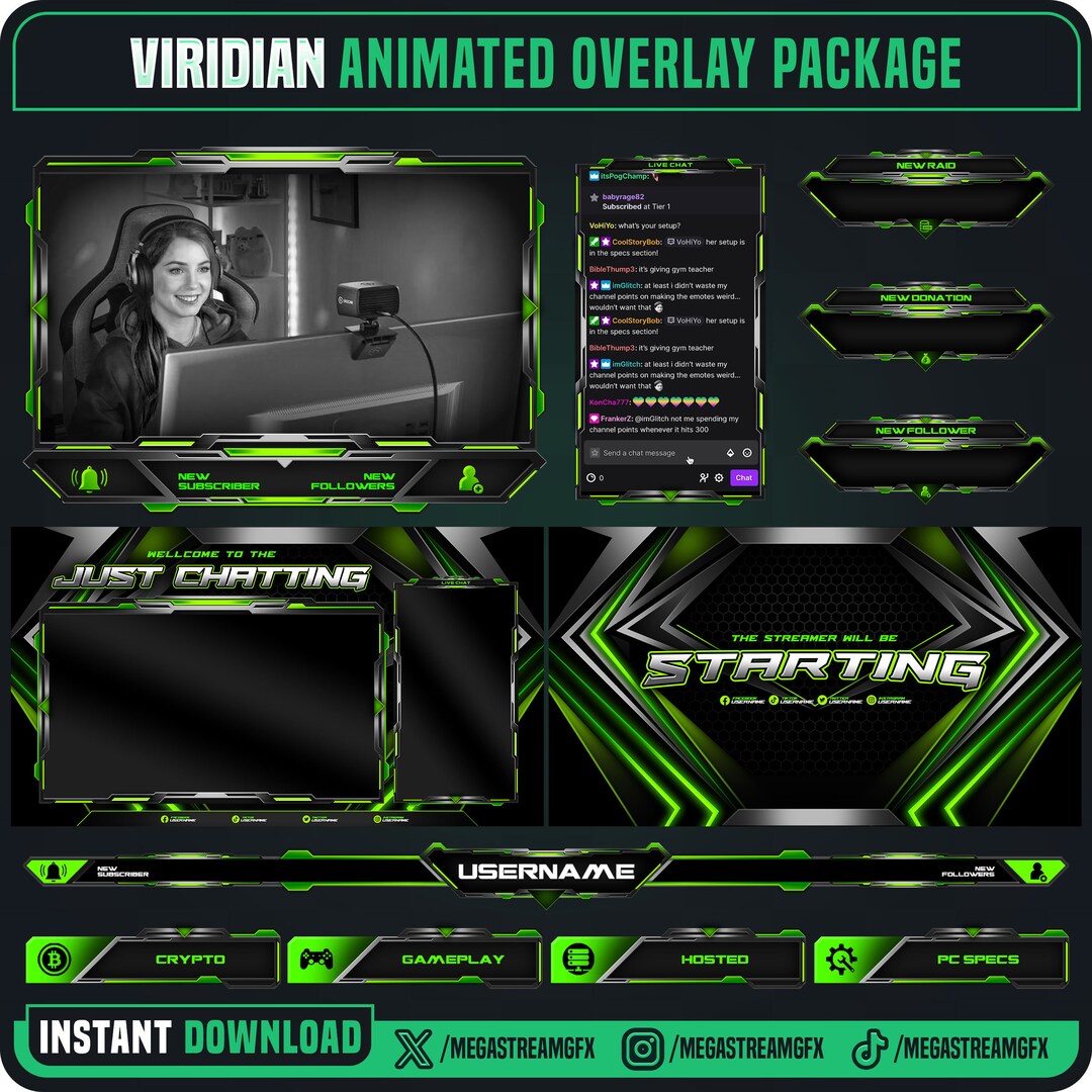GREEN Twitch Overlay Package Green Animated Stream Overlay Pack ...