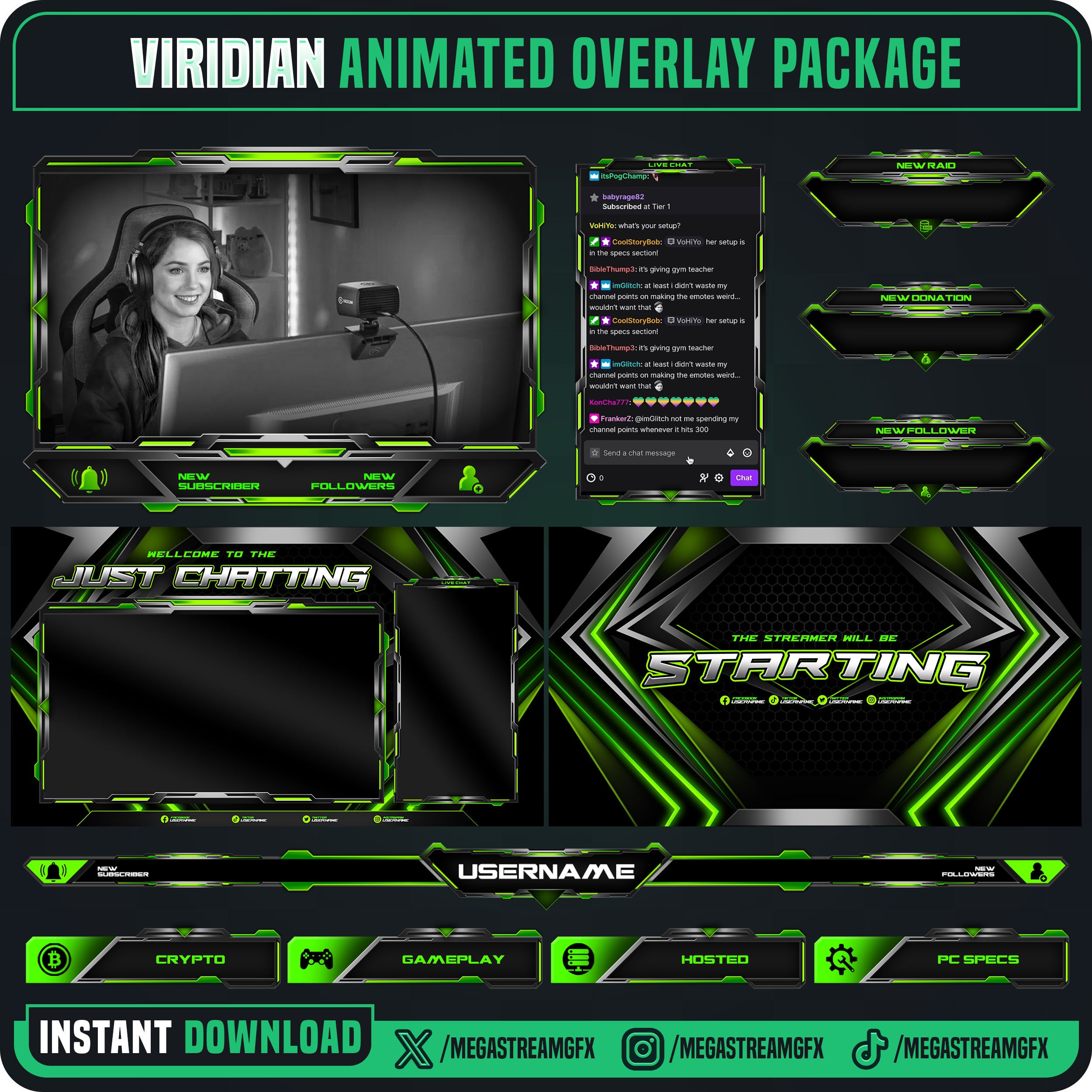GREEN Twitch Overlay Package Green Animated Stream Overlay Pack ...