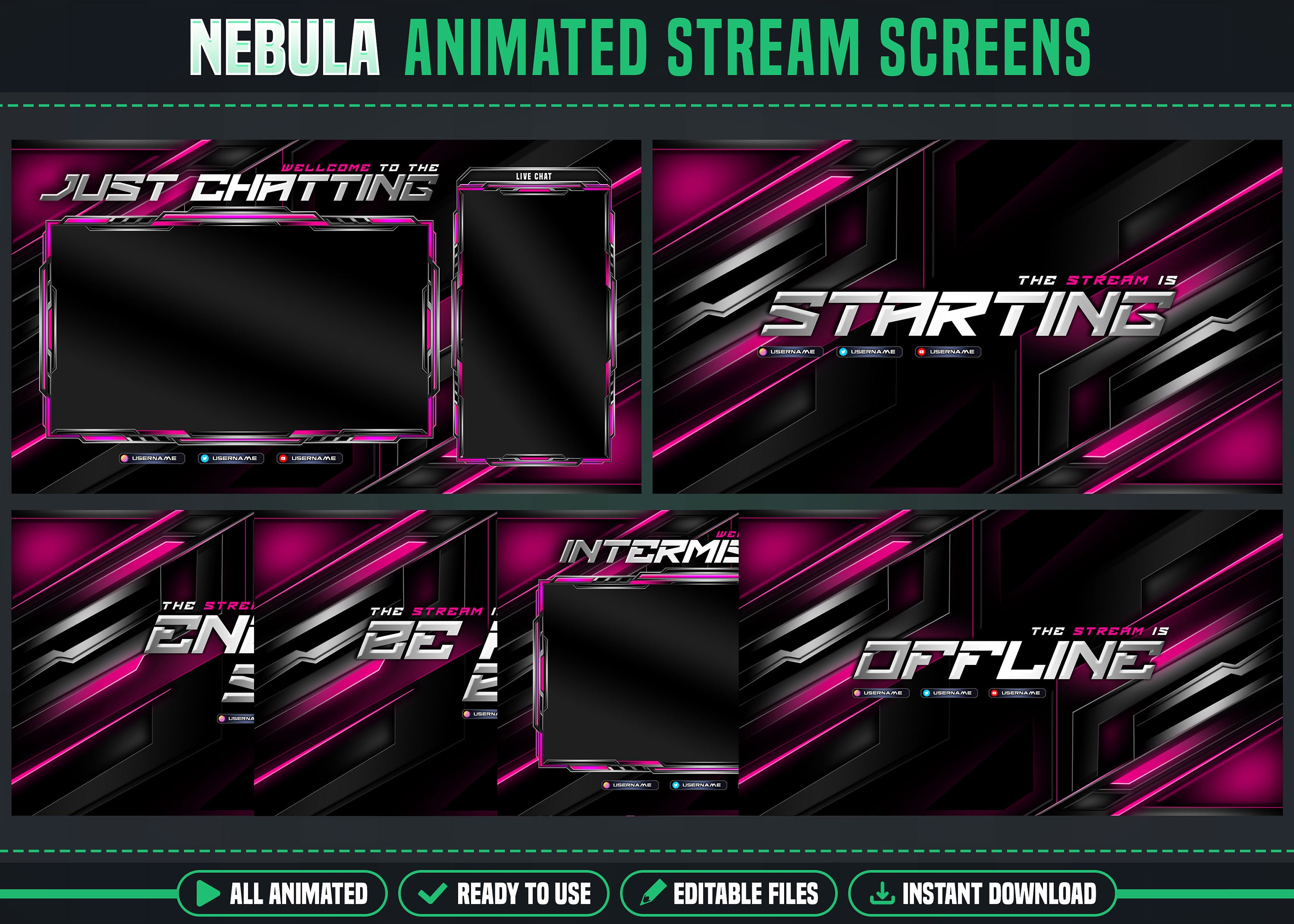 PINK Clean Overlay Pack for Twitch, Youtube Pink Overlay Stream Package ...