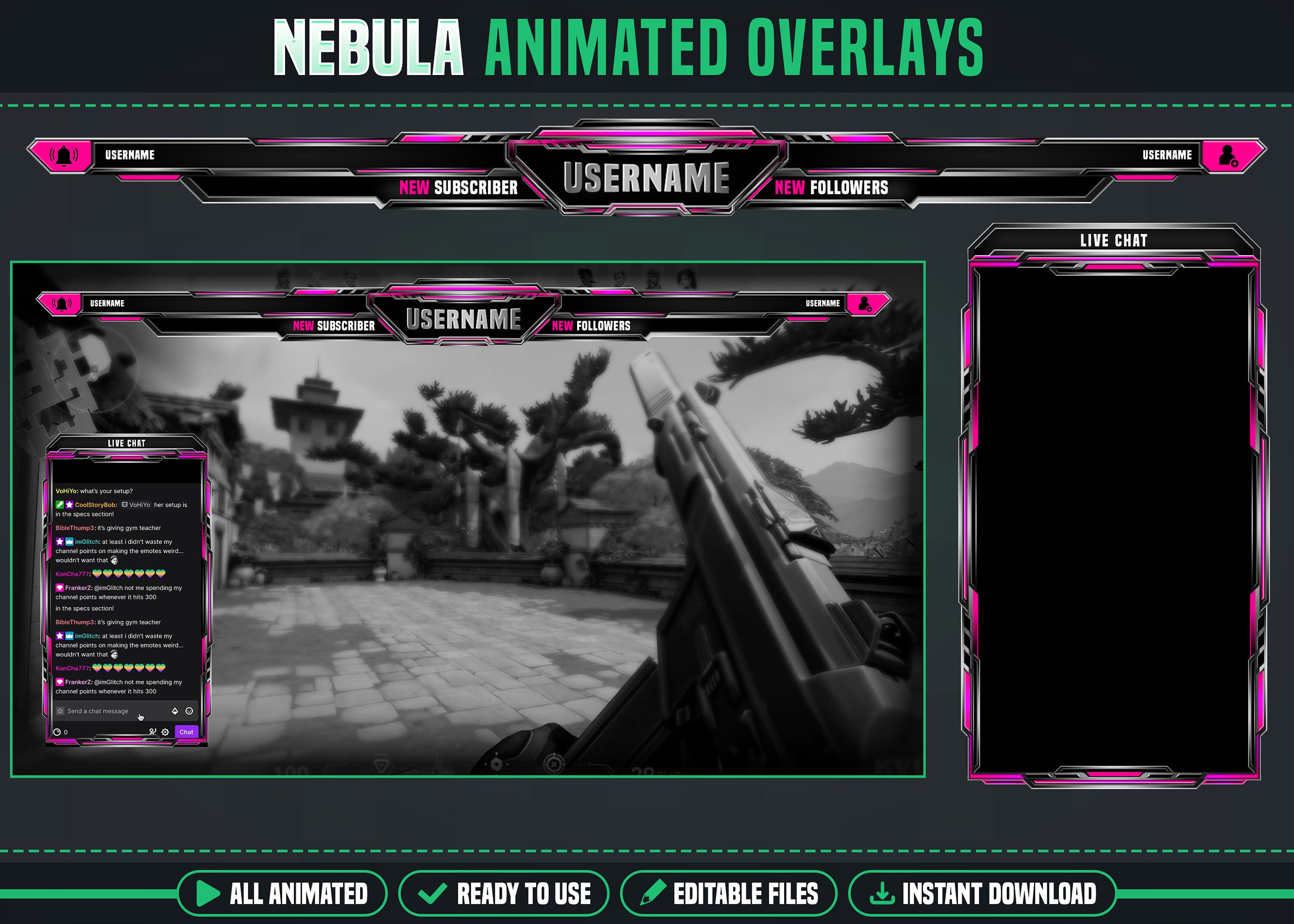 PINK Clean Overlay Pack for Twitch, Youtube Pink Overlay Stream Package ...