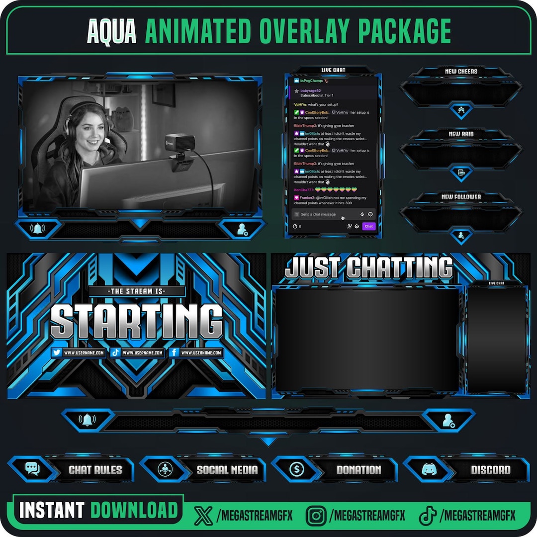 Professional Cyan Overlay Clean Stream Overlays Package for Twitch ...