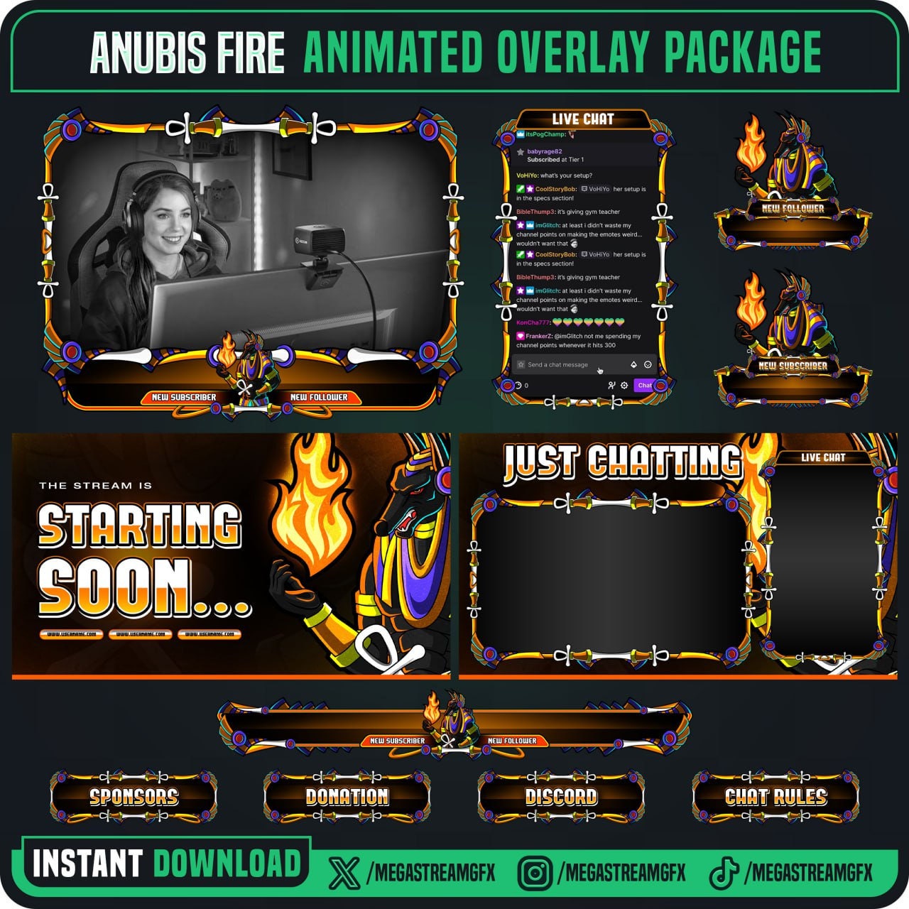 Anubis Fire Stream Overlay Pack Egypt Theme Overlays Overlay for Twitch ...