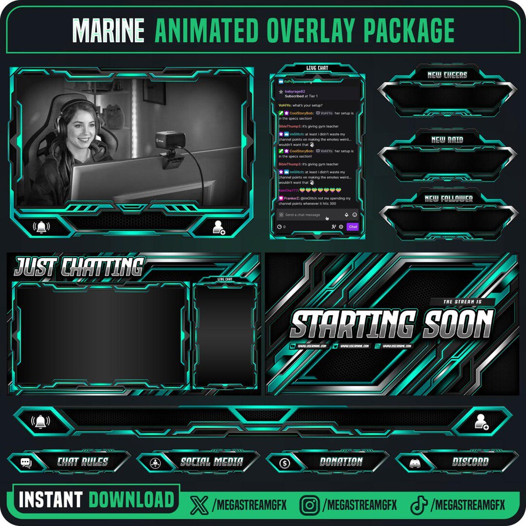Professional Turqouise Overlay Clean Stream Overlays Package for Twitch ...