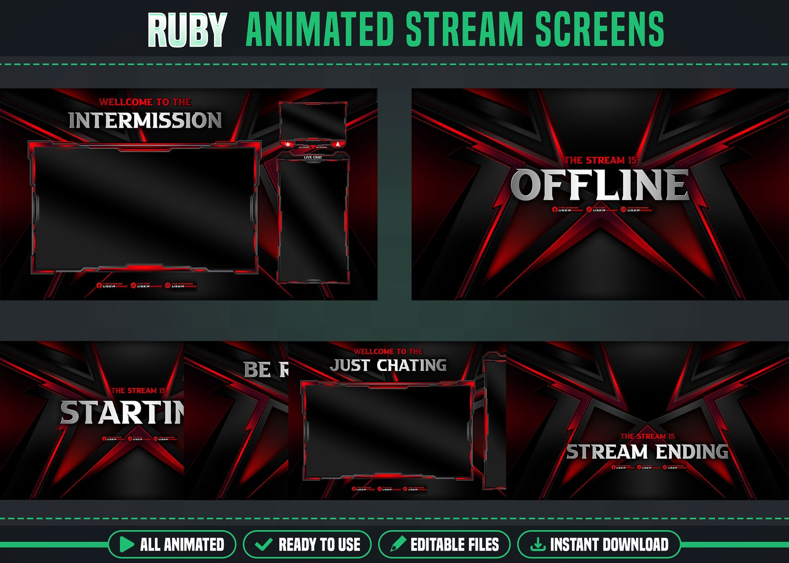 RED Clean Overlay Pack for Twitch, Youtube | Red Overlay Stream Package ...