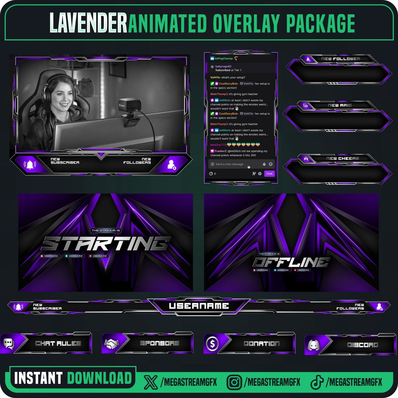 PURPLE Twitch Pack Overlay Screens Overlays Panels Alerts Banner ...