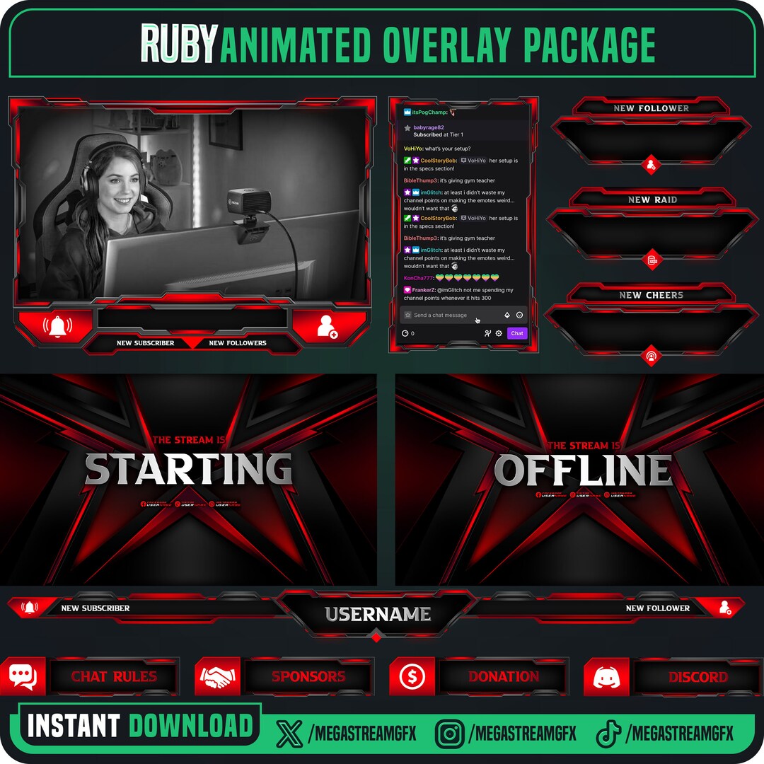 RED Clean Overlay Pack for Twitch, Youtube | Red Overlay Stream Package ...