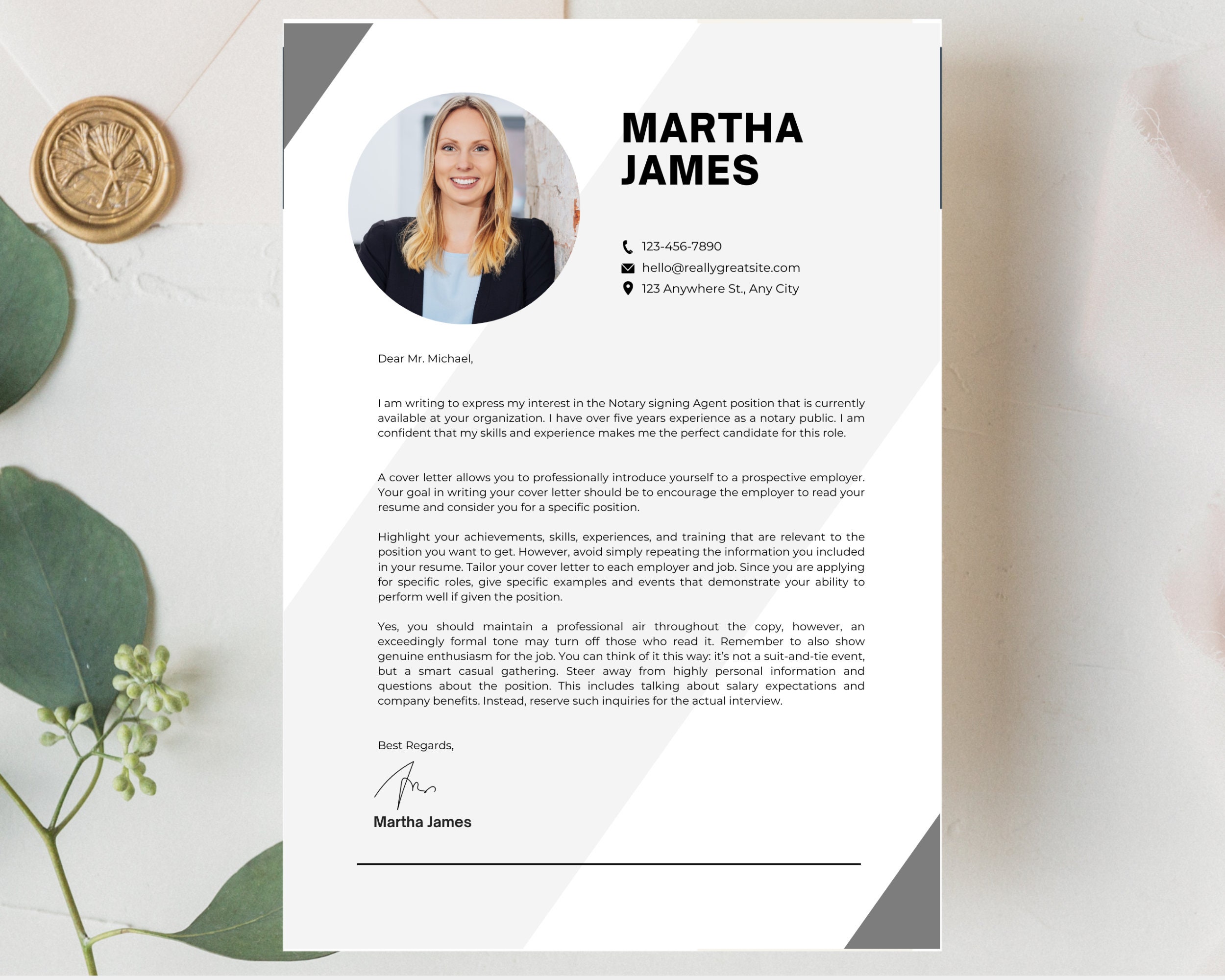 Notary Creative Cover Letter Template Loan Signing Agent Marketing CV ...