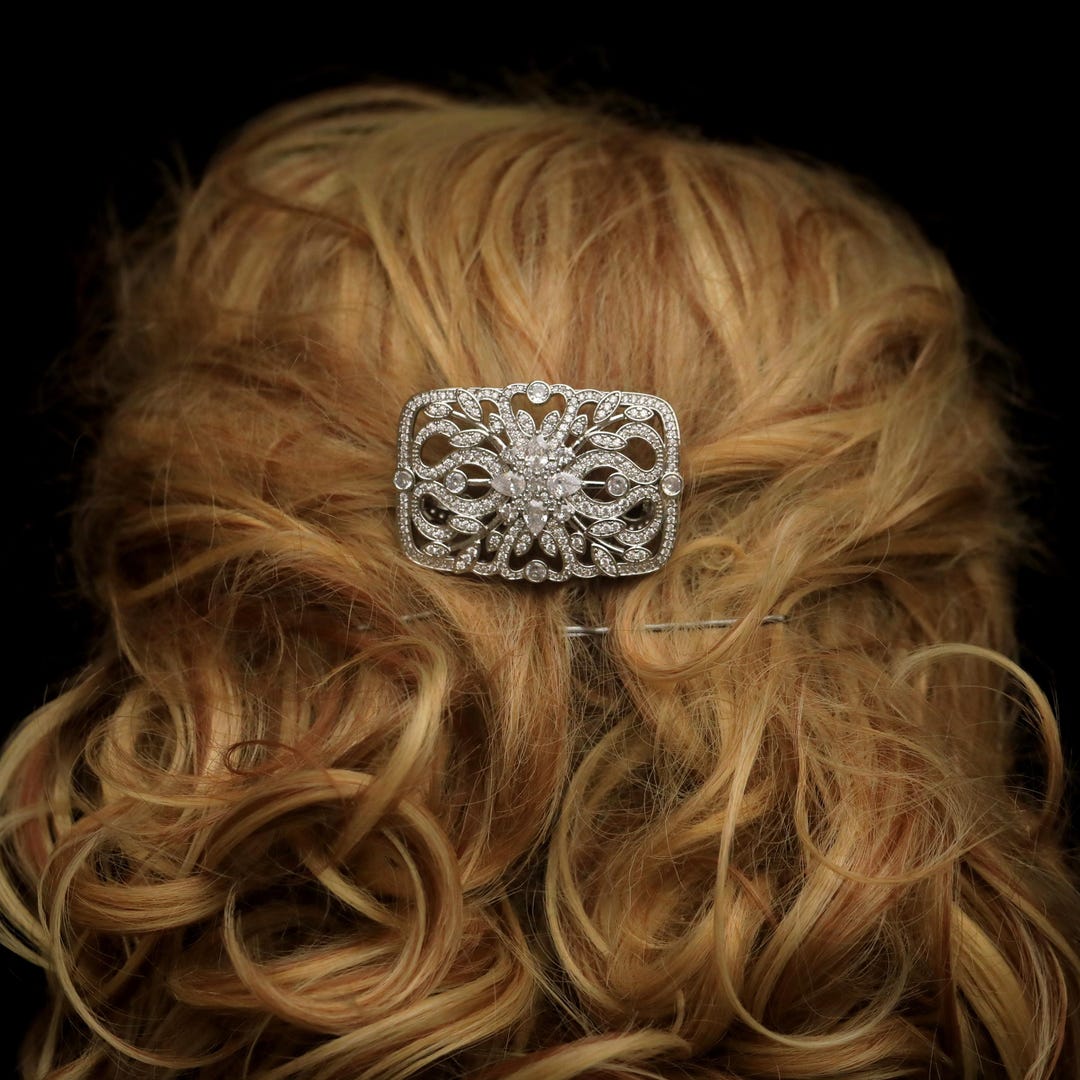 Stunning Art Deco Geometric Large Rectangle Floral Hair Comb Set White ...