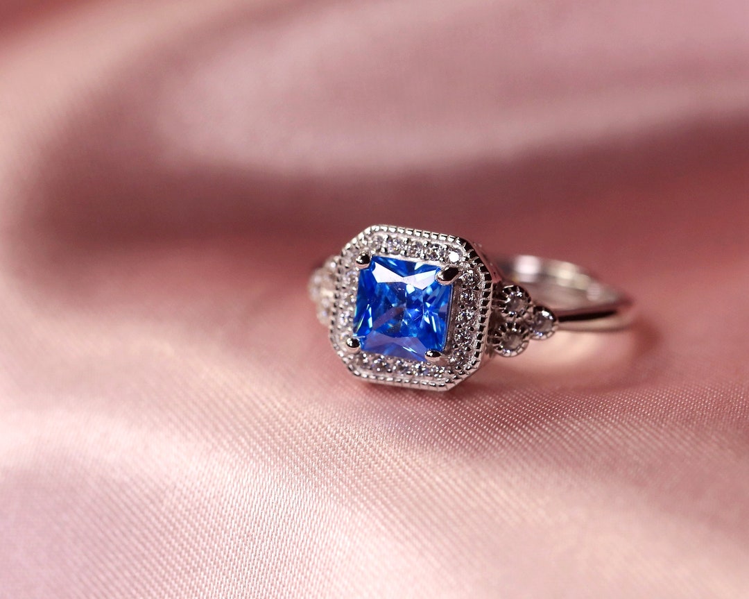 Adjustable Ring Sterling Solid 925 Silver Art Deco Geometry Square Blue ...