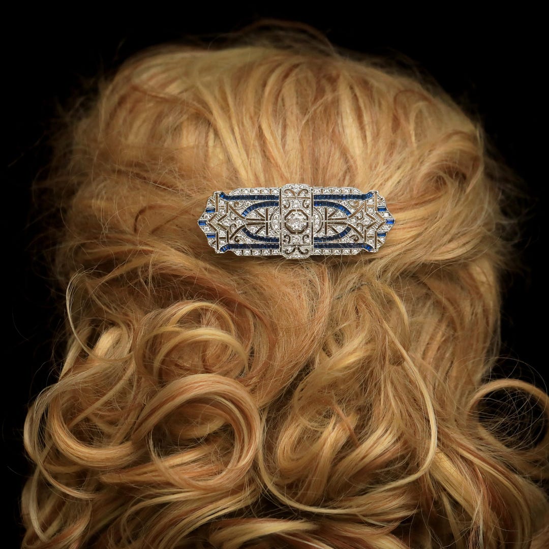 Stunning Art Deco Geometric Long Large Rectangle Hair Comb Set CZ White ...
