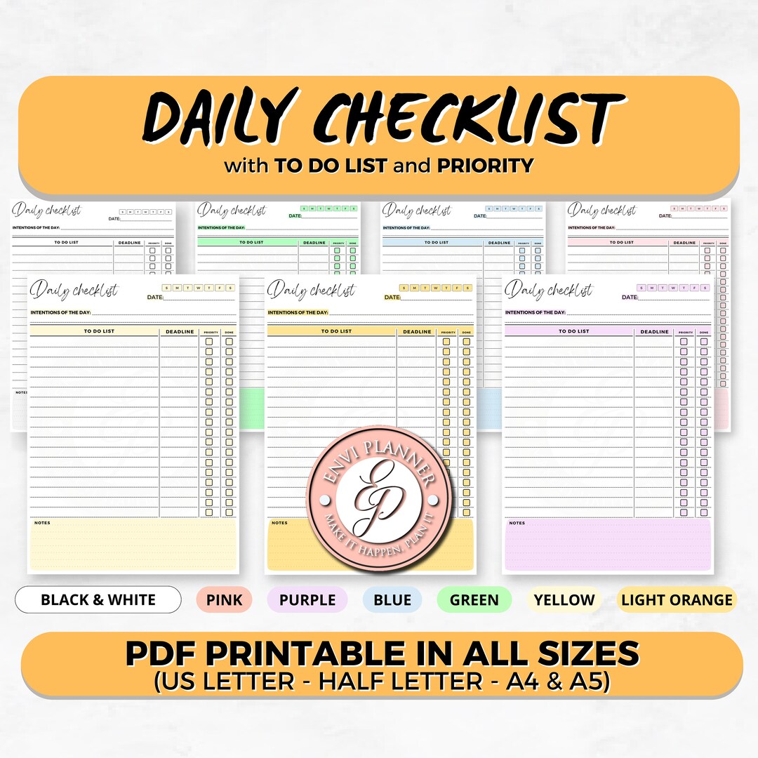 Daily Checklist Productivity Planner Daily to Do List Digital Daily ...